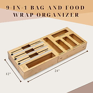 Worthy Willow Bamboo 9 in 1 Ziplock Bag, Aluminum Foil, and Plastic Wrap Organizer [IMPROVED DESIGN!]