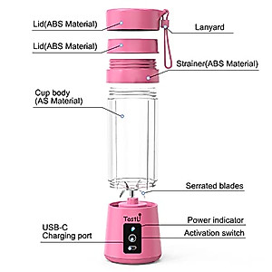Portable Blender, Personal Mini Bottle Travel Electric Smoothie Blender Maker Fruit Juicer Cup, with 13oz Bottles, 6 Blades and USB Rechargeable Batteries for juice shakes and smoothies (Pink)