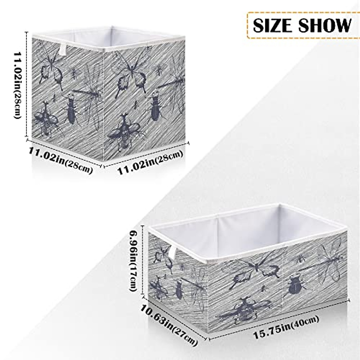 WELLDAY Storage Basket Dragonfly Butterfly Insect Grey Foldable 11 x 11 x 11 in Cube Storage Bin Home Decor Organizer Storage Baskets Box for Toys, Books, Shelves, Closet, Laundry, Nursery