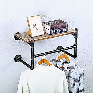 HAOVON Industrial Pipe Clothing Rack Wall Mounted Wood Shelf,Pipe Shelving Floating Shelves,Retail Garment Rack Display Rack Clothes Racks(1 Tier,24in)