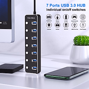 USB Hub, VKUSRA 7 Port USB Hub 3.0 with 4ft USB Long Cable, and Aluminum USB 3.0 Hub with Individual On/Off Switch and LED Indicator, USB Splitter for Laptop & PC, Power Adapter Not Included