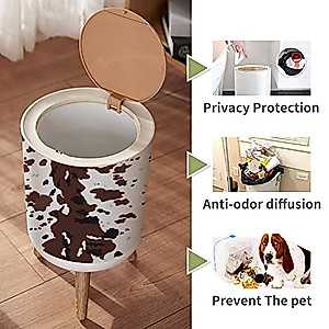Small Trash Can with Lid Seamless Texas Longhorn cow hide print design with big brown spots Garbage Bin Wood Waste Bin Press Cover Round Wastebasket for Bathroom Bedroom Kitchen 7L/1.8 Gallon