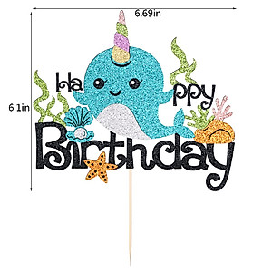 Bekaterea Narwhal Happy Birthday Cake Topper，Narwhal Baby Shower Decorations，Birthday Party Cake Decoration,Ocean Themed Party Cake Decor (blue1)