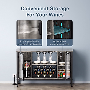 Zarler Bar Table Cabinet with Power Outlet and Light, LED Wine Bar Stand for Liquor and Glasses, Metal Home Mini Bar with 4-Tier Storage (Dark Grey), 13.4″D x 47″ W x 29.5″H, WBC001