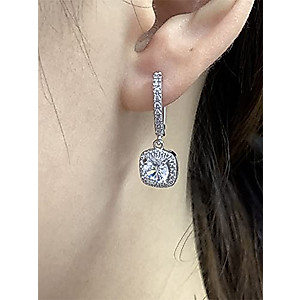 Classic Cubic Zirconia Dangle Hoop Earrings for Women Girls 18K White Gold Plated Princess Cut Square Halo CZ Charms Drop Dangling Leverback Stud Dainty Birthday Wedding Anniversary Jewelry Gifts (Silver)