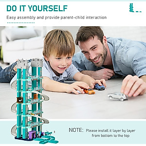 Qaba City Garage Playset with 98 Pieces Accessories Set, 6-Level Car Parking Playsets Toy with Manual and Electric Elevators Wash, Gas, Ejector & Car Repair Station, Gifts for Kids Ages 3-6 Years Old