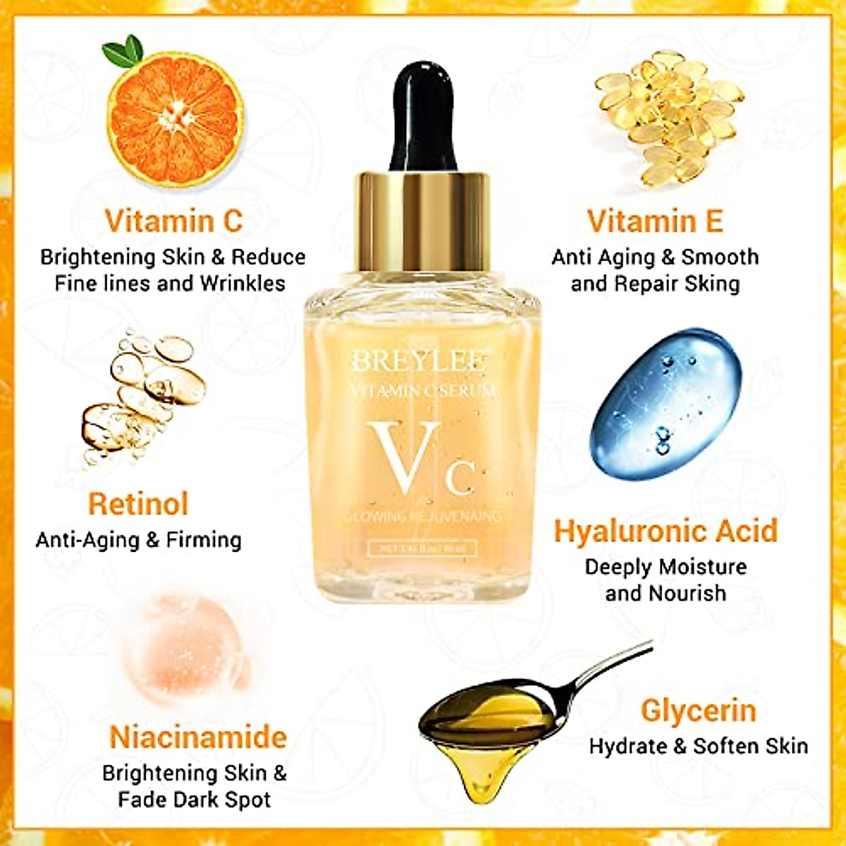 BREYLEE Vitamin C Serum for Face & Eye (1.4 oz) for Brightening Skin,Dark Spot Remover,Reduce Wrinkle,Anti Aging Serum,Moisturizer Brightening Serum with Hyaluronic Acid,Vitamin E,Retinol,Nicotinamide