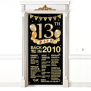 13th Birthday Door Cover Banner Decorations, Black Gold Happy 13th Birthday Door Cover Party Supplies, Large Thirteen Year Old Birthday Poster Backdrop Sign Decor