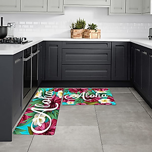 Aloha 2 Pieces Kitchen Rugs and Mats Memory Foam Comfort Mats Anti-Slip Water Absorbent Standing Rug for Kitchen Floors 23.6x35.4in+23.6x70.9in Hawaii Flowers and Palm Leaves Simple Style