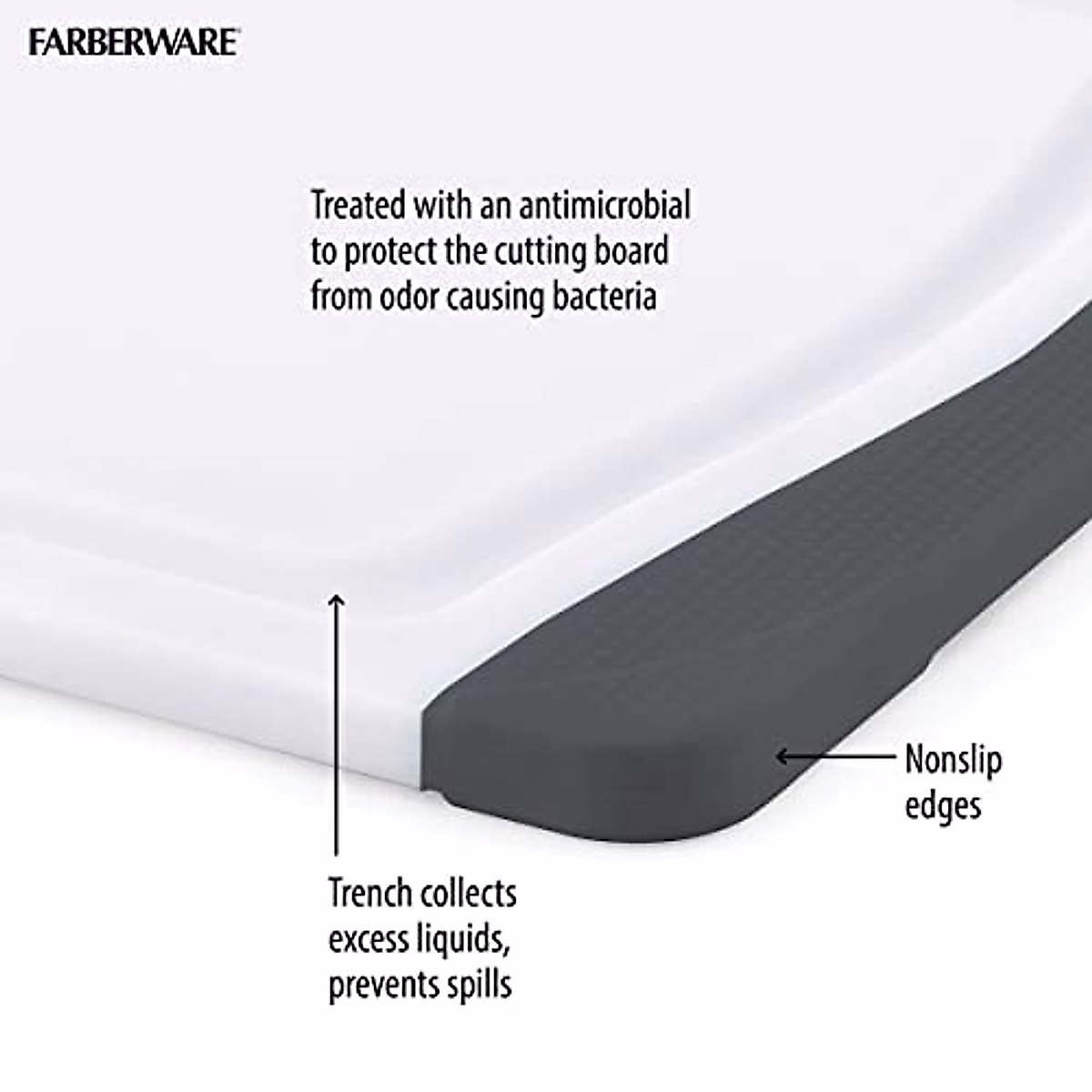 Farberware Nonslip Poly Cutting Board, 12x17-Inch, Gray and White