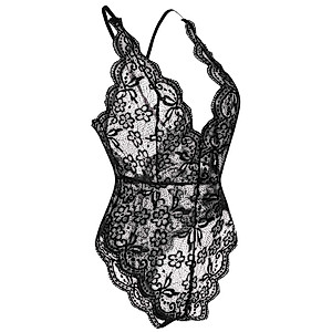 ZSWDXX Women Lingerie One Piece Lace Teddy Bodysuit Babydoll Chemise Sleepwear Black S