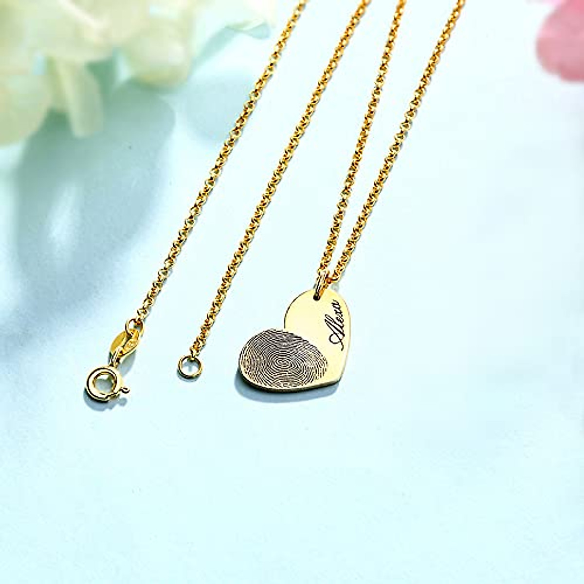 AILIN Custom Heart Fingerprint Necklace Sterling Silver 925 Personalized Father Baby Fingerprint Name Pendant Mother Day Memorial Jewelry Family Anniversary Birthday Gifts For Women Grandmother