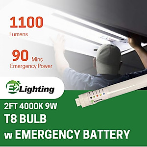 E2 Lighting LED Emergency T8 Tube, 2FT-9W, with Integrated Battery Backup (4000K)