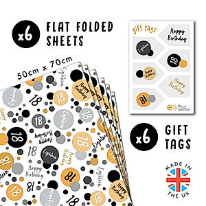 CENTRAL 23 Girls Wrapping Paper - 6 Sheets of Gift Wrap - 18th Birthday Wrapping Paper for Men Women - Black Gold - Dots - Age 18 - For Friends - Comes with Fun Stickers