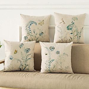 WOMHOPE Decorative Throw Pillow Covers Spring Flower Bird Butterfly Pillow Cases Cushion Cases Burlap Toss 18 x 18 Inch,Set of 4 for Living Room,Couch and Bed (Small Blue Flower)