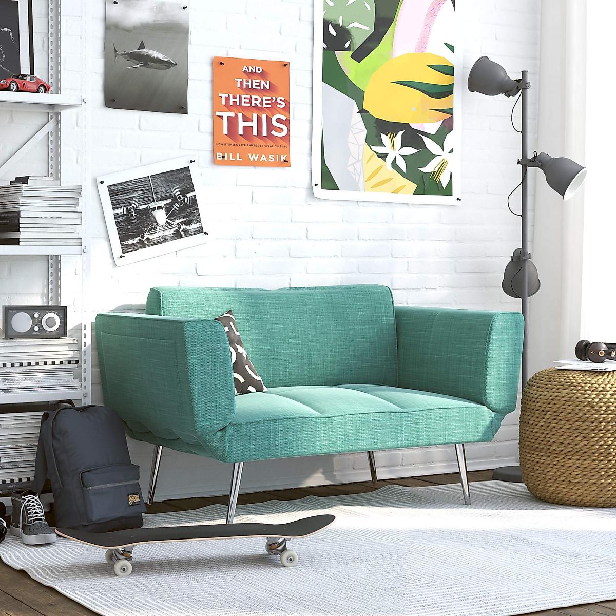 Novogratz Leyla Loveseat with Magazine Storage, Adjustable Sofa Bed Armrests to Convert into a Couch Sleeper, Teal Futon