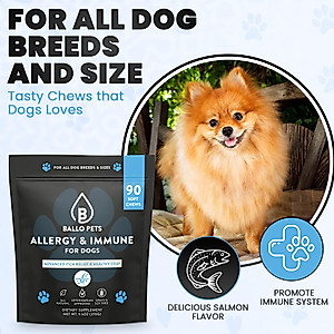 Ballo Pets Allergy & Immune Chews for Dogs - Itch Relief for Dogs - Dog Seasonal Allergies- Skin and Coat Supplement - Omega 3, Pumpkin Powder, Turmeric Root, Quercetin- 90 Soft Chews- Salmon Flavor