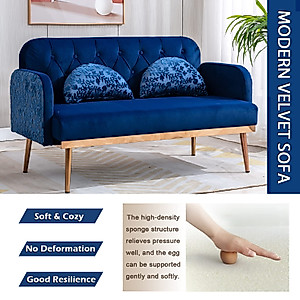 55-inch Small Velvet Couch with Elegant Moon Shape Pillows, Twin Size Loveseat Accent Sofa with Golden Metal Legs, Living Room Sofa with Tufted Backrest, 600 Pounds Weight Capacity, Navy Blue