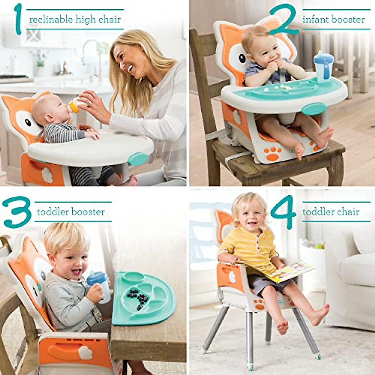 Infantino Grow-with-Me 4-in-1 Convertible High Chair, Fox-Theme, Space-Saving Design, Booster and Toddler Chair, for Infants & Toddlers 3M-36M