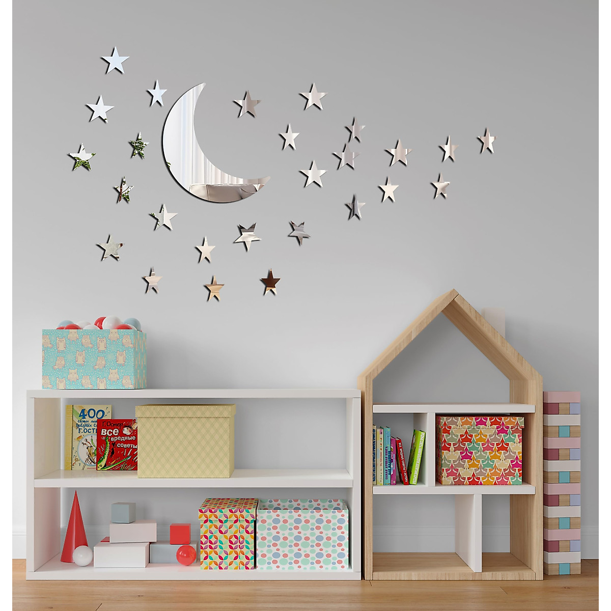Stars Moon Acrylic Mirror Wall Stickers 3 Sizes Stars Stickers with Adhesive Art Decal 3D Wall Decorations for Baby Kids Bedroom Home DIY Decor