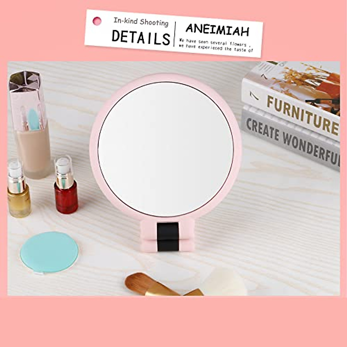 ANEIMIAH 1x 5X Magnifying Travel Hand Held Vanity Mirror,Compact Double Side Folding Magnification Hand Mirror for Women with 360°Rotating Handle Table Desk Small Round Make up Mirrors Pink