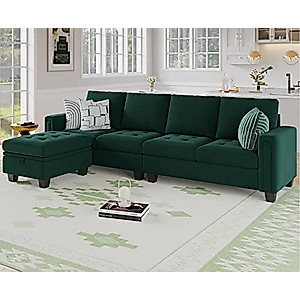 Belffin Velvet Reversible Sectional Sofa with Chasie Convertible Couch Storage Ottoman L Shaped 4-seat Green