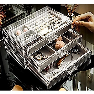 Cq acrylic Earring Jewelry Organizer with 3 Drawers Clear Acrylic Jewelry Box for Women,Stackable Velvet Earring Display Case Earrings Ring Bracelet Necklace Holder Gift for Women, Grey