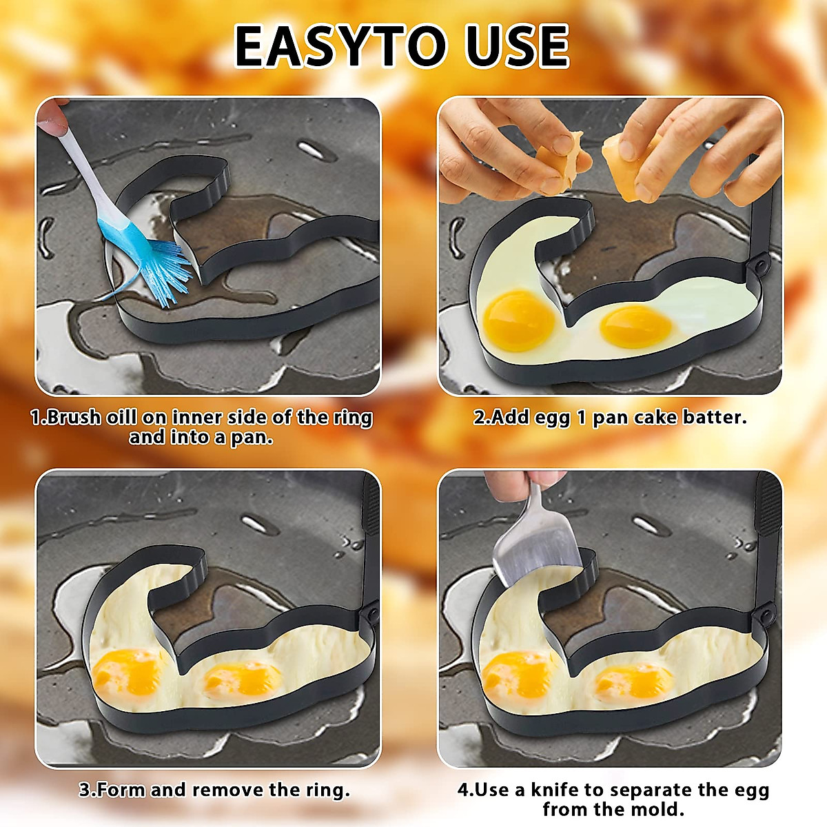2-Pack Funny Egg Fryer, Egg Fryer, Funny Egg Pancake Cooking Tool with Foldable Handle, Professional Non-Stick Egg Ring with 1 Silicone Basting Brush, Foldable Handle To Save Space