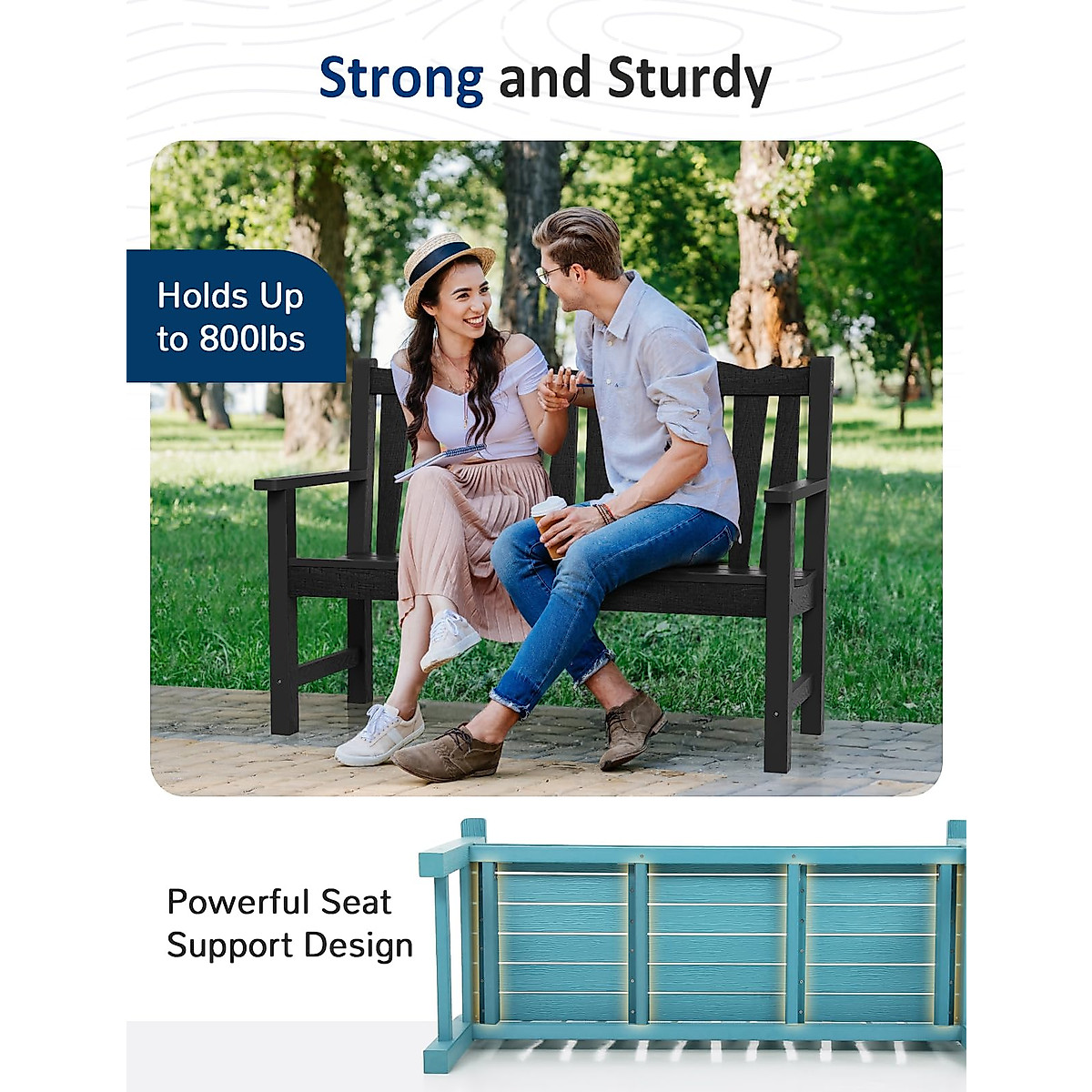 LAHAAP Outdoor Rocking Chairs Set, Weatherproof HIPS Outdoor Furniture, Include 2 Patio Rocking Chairs + Outdoor Bench, Suit for Garden, Porch, Lawn & Backyard(Black)