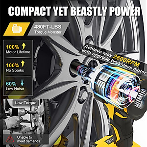 NCOEN 650N.m Cordless Impact Wrench 480Ft/lbs Brushless 1/2 Impact Gun Variable Speed 2800RPM Upgraded 3 in 1 High Torque Impact Drill 2x 4.0Ah Battery Charger 4 Sockets with Storage Bags