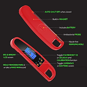 Hoseili Instant Read Meat Thermometer for Grill and Cooking. Best Waterproof Ultra Fast Thermometer with Backlight & Calibration. Digital Food Probe for Kitchen, Outdoor Grilling and BBQ,wen2