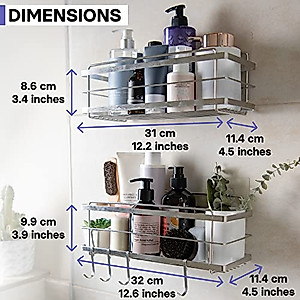 KINCMAX Shower Caddy Basket Shelf Pack of 2 - Adhesive Drill-Free Bathroom Organizer - Shower Storage Shelves for Inside Shower w/Hooks for Accessories (Silver)