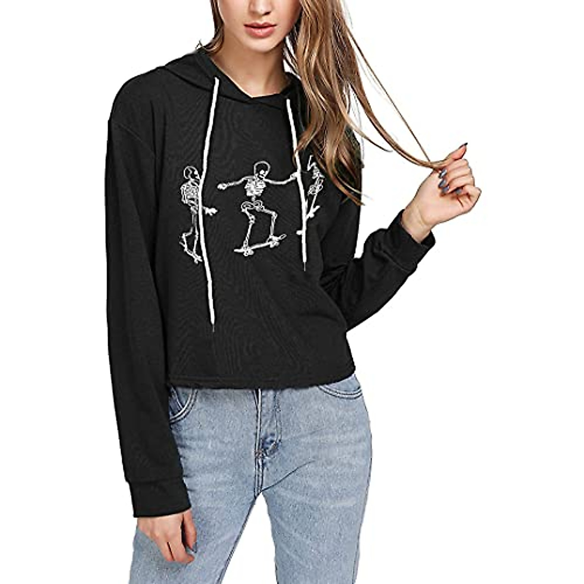 Remidoo Women's Casual Skull Print Long Sleeve Crop Top Hoodie Sweatshirt SK-Black Medium