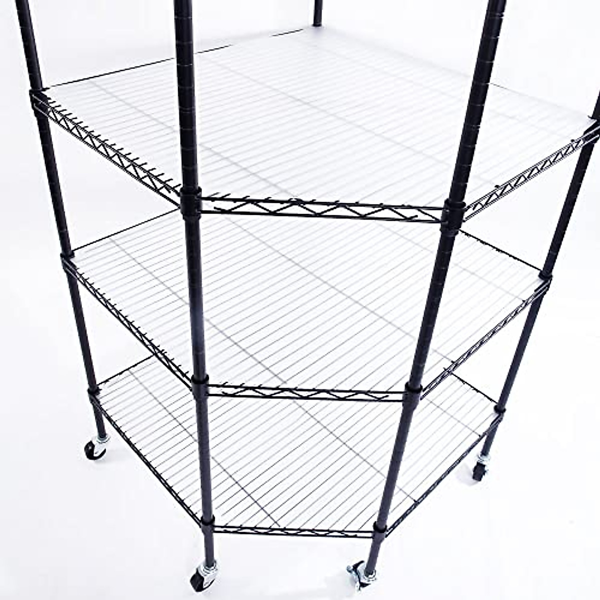 Wire Shelving 6 Tiers Polygonal Corner Shelf, Metal Storage Standing Rack with Wheels, Corner Wire Shelf for Kitchen, Garage and Living Room( US Shipping) (Black)