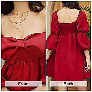 EXLURA Womens Summer Casual Wedding Guest Dress Square Bow Neck Long Puff Sleeve Dress Empire Waist Babydoll Mini Dress Wine