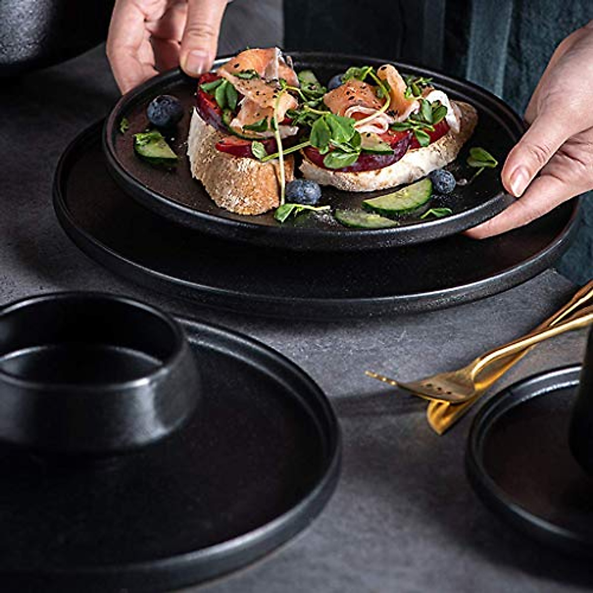 Stylish Dinner Plates,Ceramics Dinnerware Set, Black Glaze 34 Pieces Plates and Bowls Sets for Special Restaurant/Matte Porcelain Dinner Set Microwave Safe