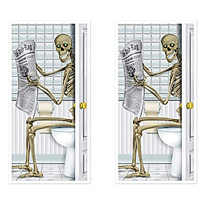 Beistle Skeleton Restroom Door Covers, 5’ x 30”, 2 Pieces – Spooky Halloween Party Decor - Bone Chilling Design – Easily Display – Plastic for Indoor & Outdoor Use - Bathroom Accessories