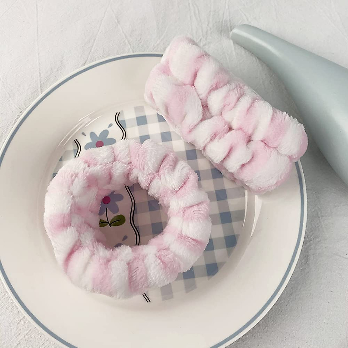 Malaxlx 9 Pcs Spa Headband Wrist Washband Set, Face Wash Headband Facial Makeup Headband Bow Hair Band, Soft Coral Fleece Elastic Head Wraps Absorbent Wristbands for Women Girls