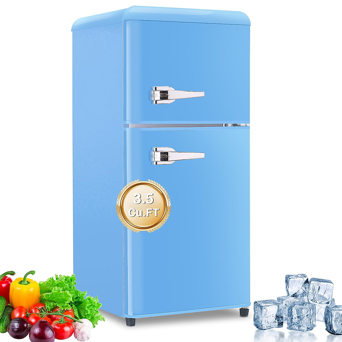 EUASOO FLS-80-Blue 3.5Cu.Ft Compact Refrigerator, Small Refrigerator with freezer, Retro Fridge with Dual Door, 7 Level Adjustable Thermostat for Garage, Dorm,Bedroom, Office