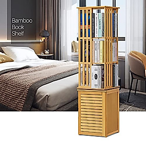 MoNiBloom Bamboo Rotating Bookcase Storage Cabinet with Door, 3 Tier Open Shelves Free Standing Bookshelf Display Organize for Living Room Bedroom, Natural