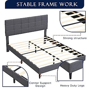Yone jx je Platform Bed Frame with Fabric Upholstered Headboard and Mattress Foundation Wooden Slats Support, Fabric Upholstered Platform Bed Frame, No Box Spring Needed (Gray, Queen Size)