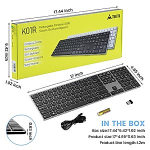 TIETI K01R Wireless Keyboard, 2.4G Slim and Compact Wireless Keyboard with Numeric Keypad, Long Battery Life, Lag-Free for PC Laptop Computer Windows, Space Grey