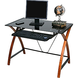 OneSpace Glass and Wood Computer Desk with Pullout Keyboard Tray and Black Glass Desktop, Black/Brown
