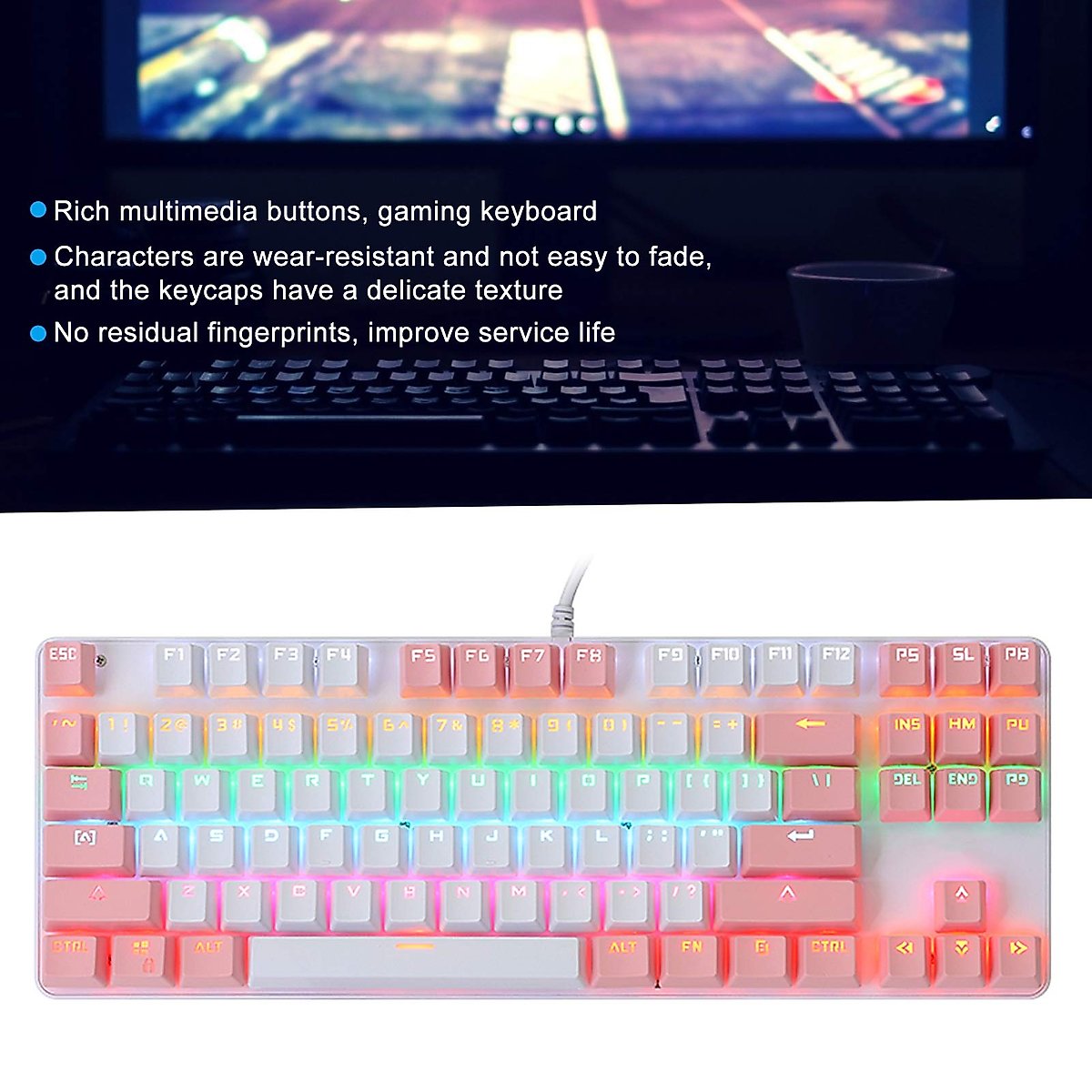 PUSOKEI Mechanical Gaming Keyboard, 87 Keys Keyboards RGB LED Rainbow Backlit Wired Keyboard, Mechinal Gaming Keyboard White+Pink, Mechanical Keyboard,Plug and Play(White)