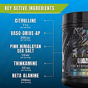 RYSE Signature Series GODZILLA Pre Workout | Pump, Energy, Strength, and Focus | Citrulline, Beta-Alanine, Caffeine | 40 Servings (Monsterberry Lime)