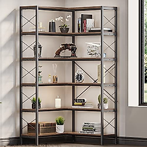 GLAUBIO 6-Shelf Corner Bookcase, Vintage Industrial Corner Shelf Stand Etagere Bookcase,Corner Shelf Storage Display Rack with Metal Frame for Living Room Home Office（Retro Brown）