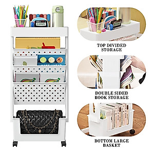 POBOMULI 5-Tier Bookshelf, Book Storage Organization with Wheels Mobile Rolling Bookshelves Cart for Home Office Kids’ Study Room School, White