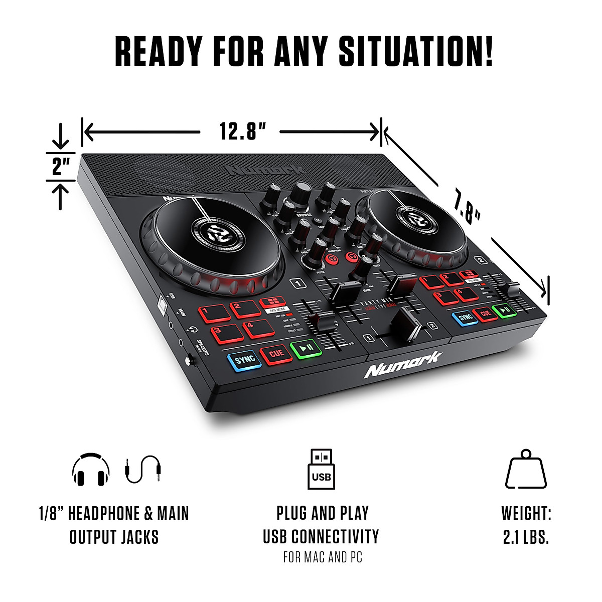 Numark Party Mix Live + HF125 - DJ Controller/Adults & Kids DJ Set with DJ Lights, DJ Speakers, DJ Mixer and Portable DJ Headphones
