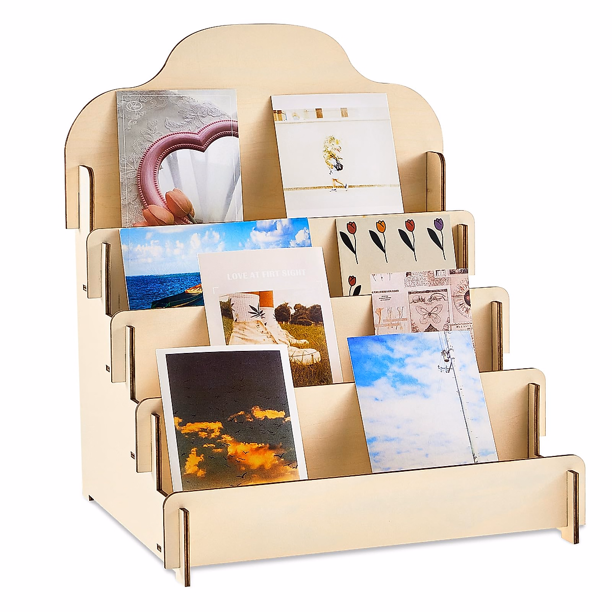 Barydat Tiered Greeting Card Display Stand Wooden Collector Card Rack Display Portable Birthday Card Display Wooden Photo Display Holder for Postcards Hair Clips Display(Beige,11.8 x 10.4 x 14.2 Inch)