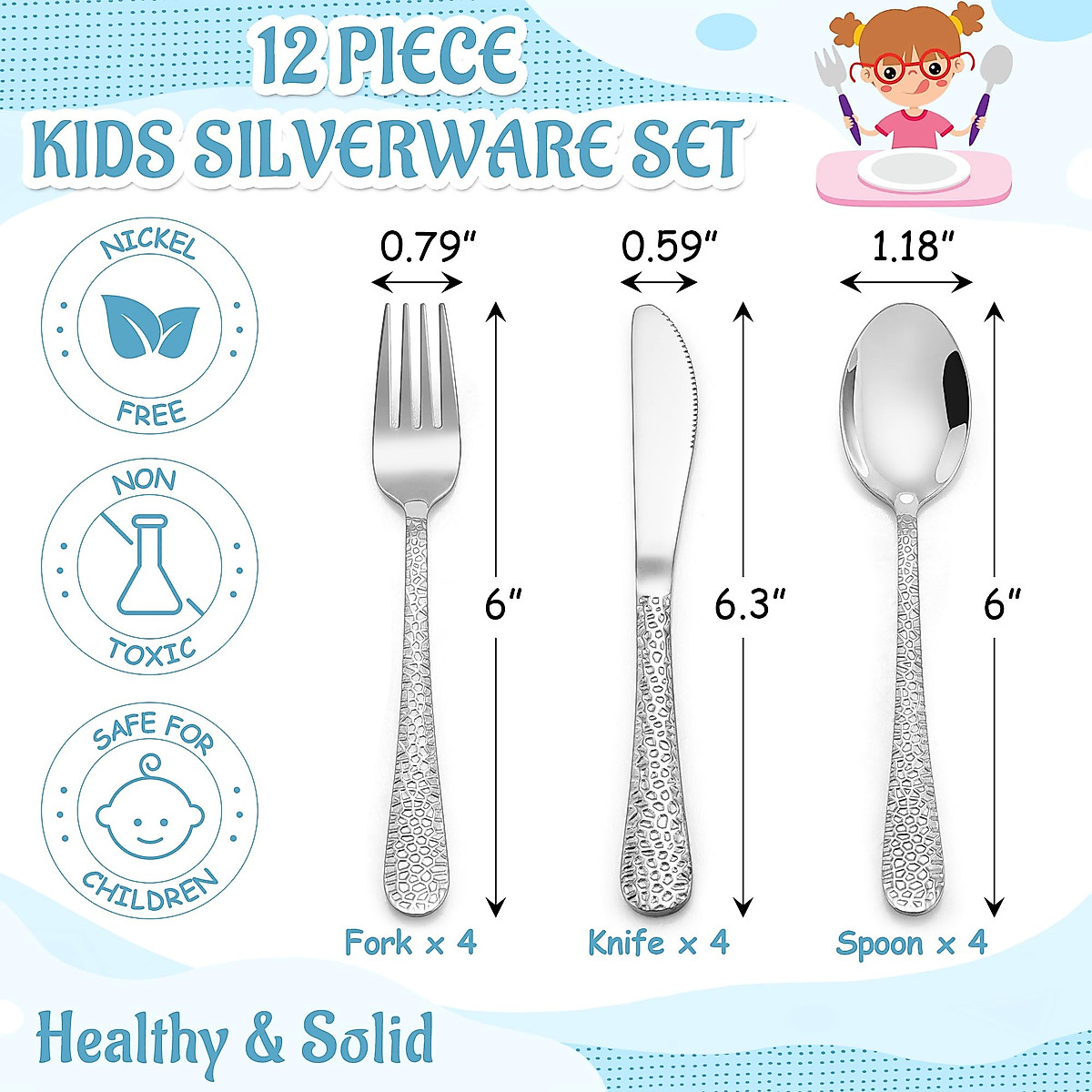 E-far 12-Piece Toddler Silverware, Stainless Steel Kids Preschooler Utensils with Adult Look, Hammered Flatware Includes 4 Forks 4 Spoons 4 Knives, Safe for Self Feeding, Non-Toxic & Dishwasher Safe